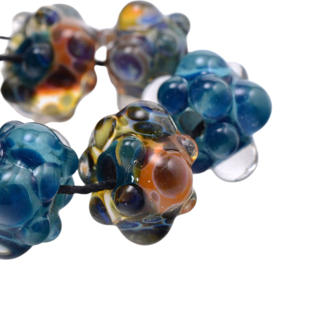 Grace Ma Lampwork Glass Bumpy Rondelle Beads - Blue Teal Amber 9x14mm